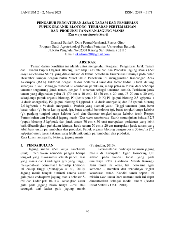 (PDF) PENGARUH PENGATURAN JARAK TANAM DAN PEMBERIAN PUPUK ORGANIK BLOTONG TERHADAP PERTUMBUHAN ...