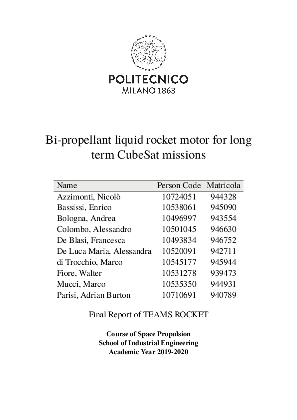 (PDF) Space Propulsion - Final Course Project - Bi-propellant liquid ...