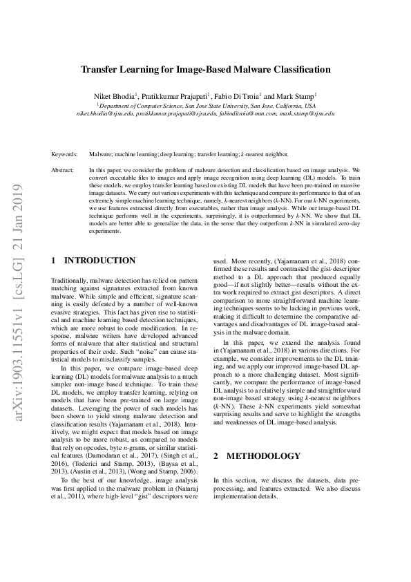 (PDF) Transfer Learning for Image-based Malware Classification