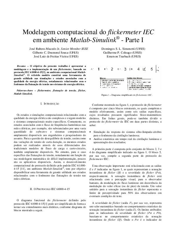 (PDF) Modelagem computacional do flickermeter IEC em ambiente Matlab-Simulink-Parte I