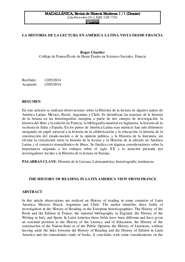(PDF) ROGER CHARTIER: "La historia de la lectura en América Latina ...