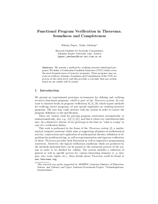 (PDF) Functional Program Verification in Theorema. Soundness and Completeness | Nikolaj Popov ...
