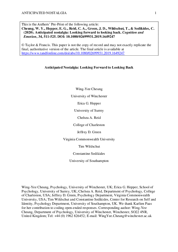 (PDF) Anticipated Nostalgia: Looking Forward to Looking Back