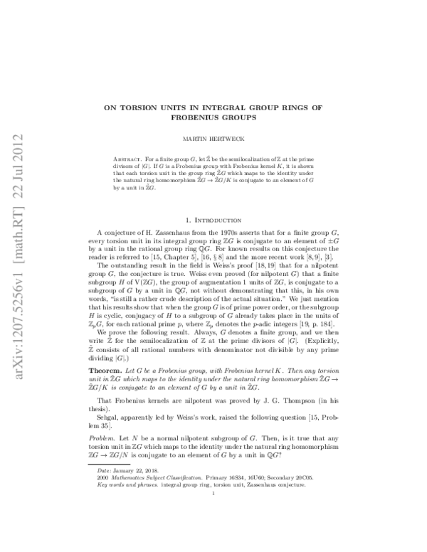 (PDF) On torsion units in integral group rings of Frobenius groups