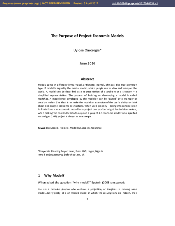 (PDF) The Purpose of Project Economic Models