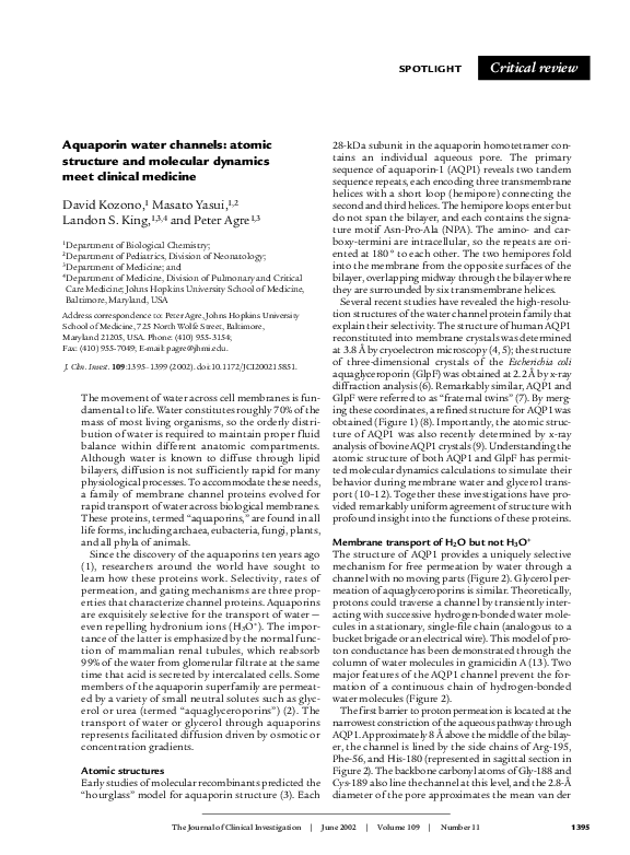 (PDF) Aquaporin water channels: atomic structure molecular dynamics ...