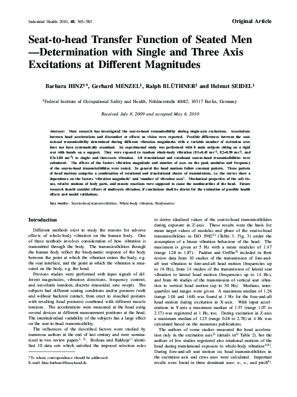 (PDF) Seat-to-head Transfer Function of Seated Men ―Determination with ...