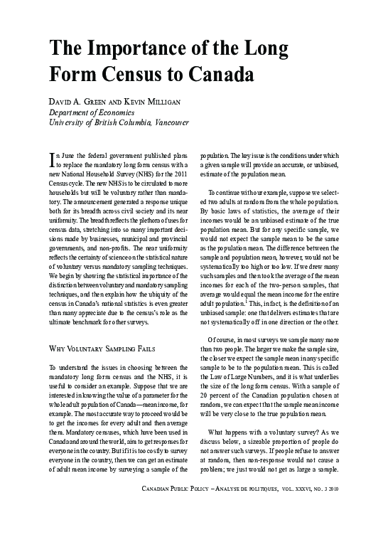 (PDF) The Importance of the Long Form Census to Canada