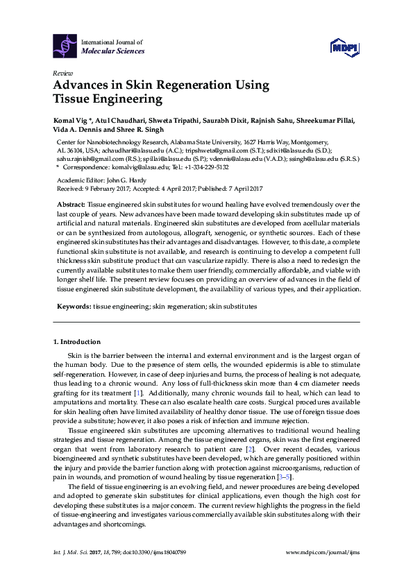 (PDF) Advances in Skin Regeneration Using Tissue Engineering