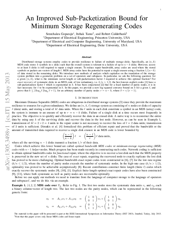 (PDF) An Improved Sub-Packetization Bound for Minimum Storage Regenerating Codes
