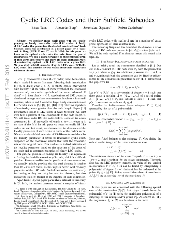 (PDF) Cyclic LRC codes and their subfield subcodes