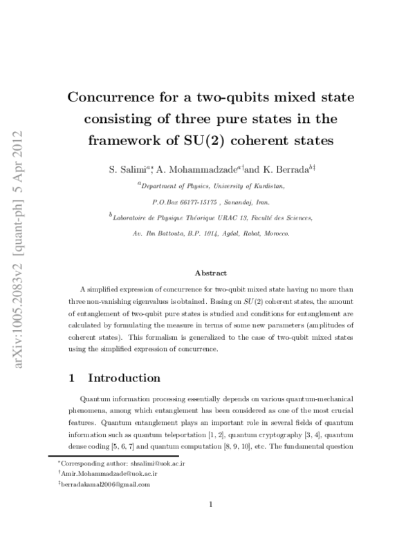 (PDF) Concurrence for a two-qubits mixed state consisting of three pure ...