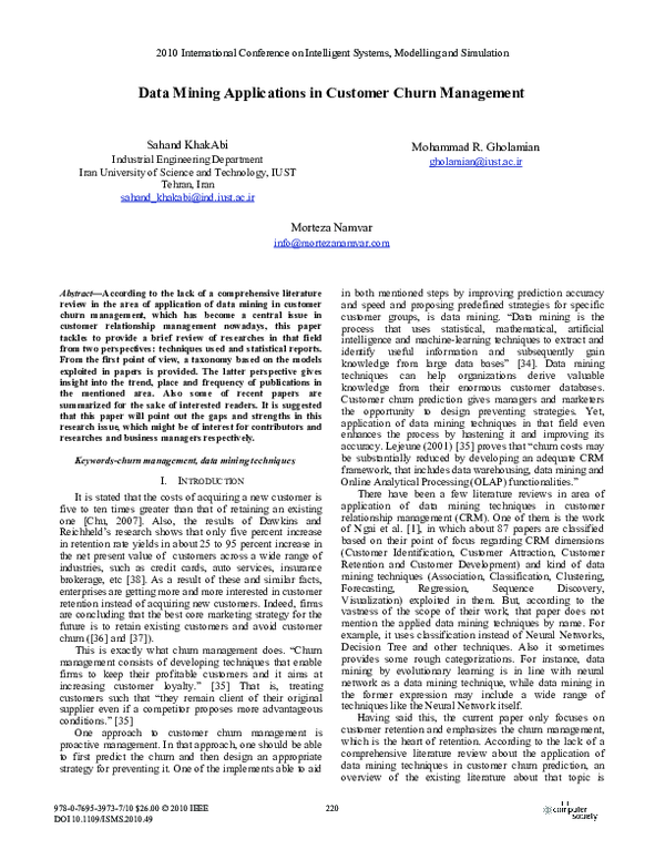 (PDF) Applications of data mining techniques in customer churn management