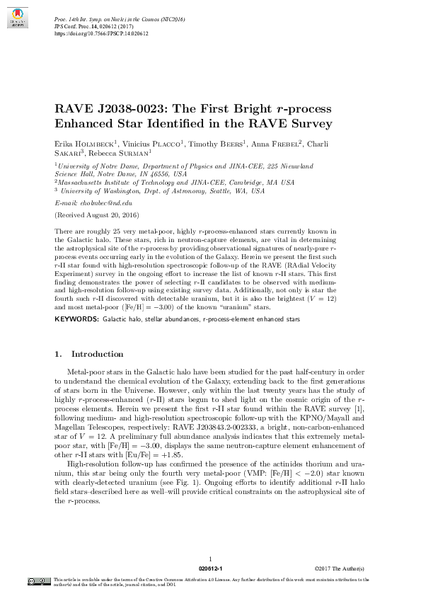 (PDF) RAVE J2038-0023: The First Bright r-Process Enhanced Star Identified in the RAVE Survey