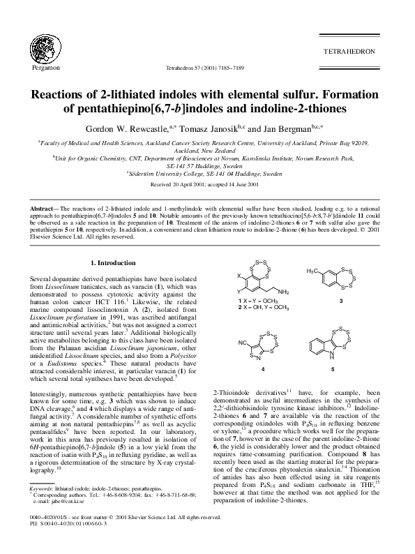 (PDF) Reactions of 2-lithiated indoles with elemental sulfur. Formation ...