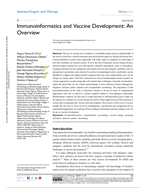 (PDF) Immunoinformatics and Vaccine Development: An Overview