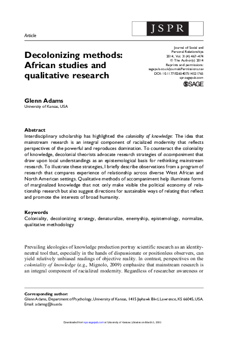 (PDF) Decolonizing methods: African studies and qualitative research