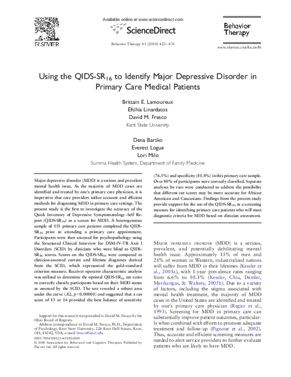 (PDF) Using the QIDS-SR16 to Identify Major Depressive Disorder in ...