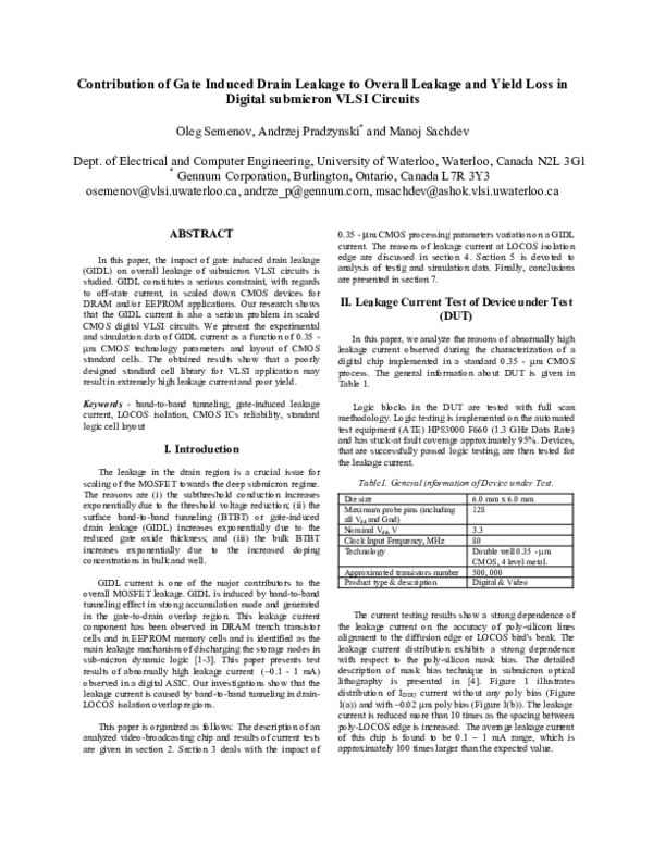 (PDF) Contribution of gate induced drain leakage to overall leakage and yield loss in digital ...