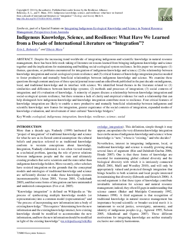 (PDF) Indigenous Knowledge, Science, and Resilience: What Have We ...
