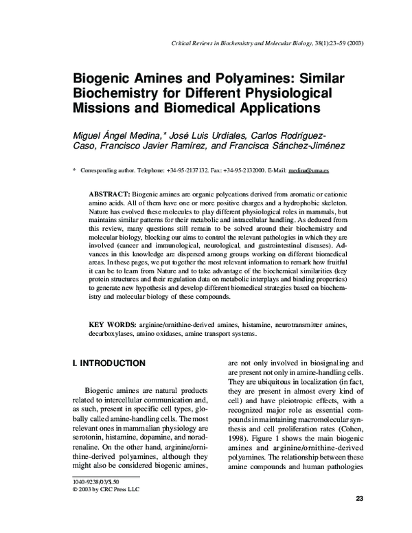 (PDF) Biogenic Amines and Polyamines: Similar Biochemistry for ...