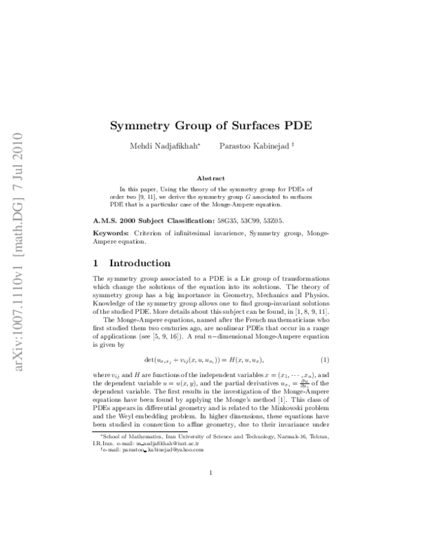 (PDF) Symmetry Group of Surfaces PDE