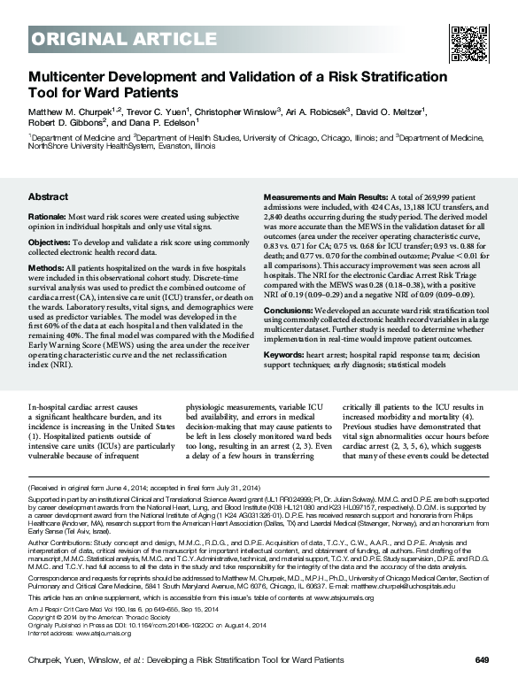 (PDF) Multicenter Development and Validation of a Risk Stratification Tool for Ward Patients