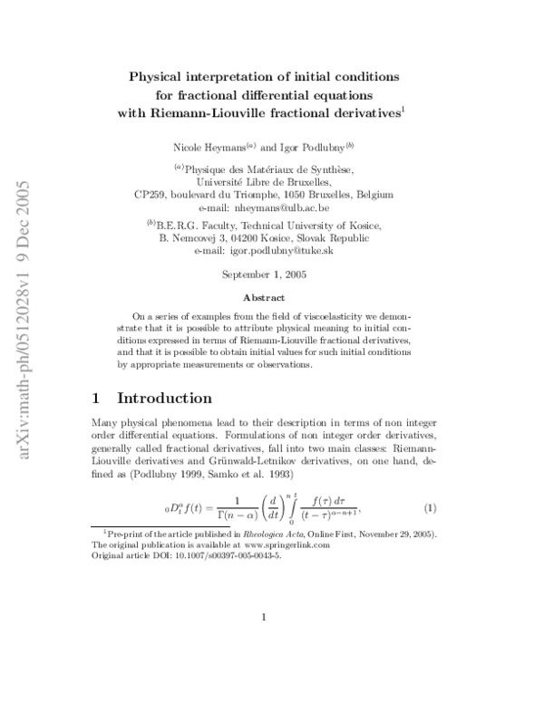 (PDF) Physical interpretation of initial conditions for fractional differential equations with ...