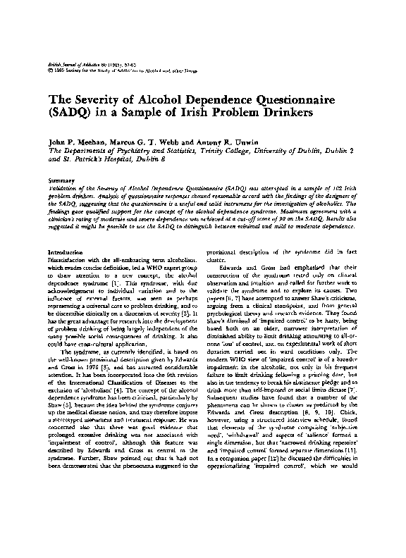 (PDF) The Severity of Alcohol Dependence Questionnaire (SADQ) in a ...