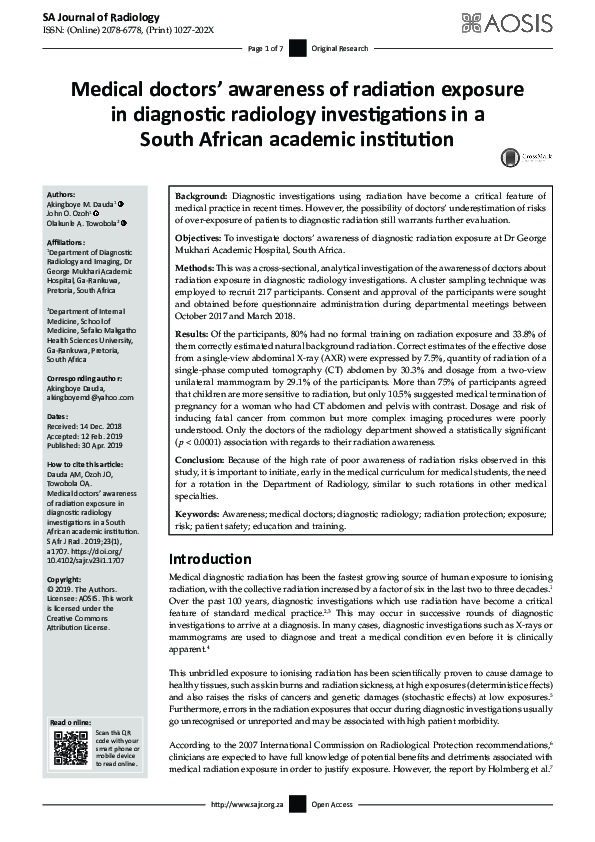 (PDF) Medical doctors’ awareness of radiation exposure in diagnostic ...