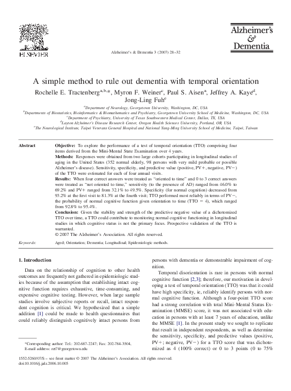 (PDF) A Simple Method to Rule Out Dementia With Temporal Orientation