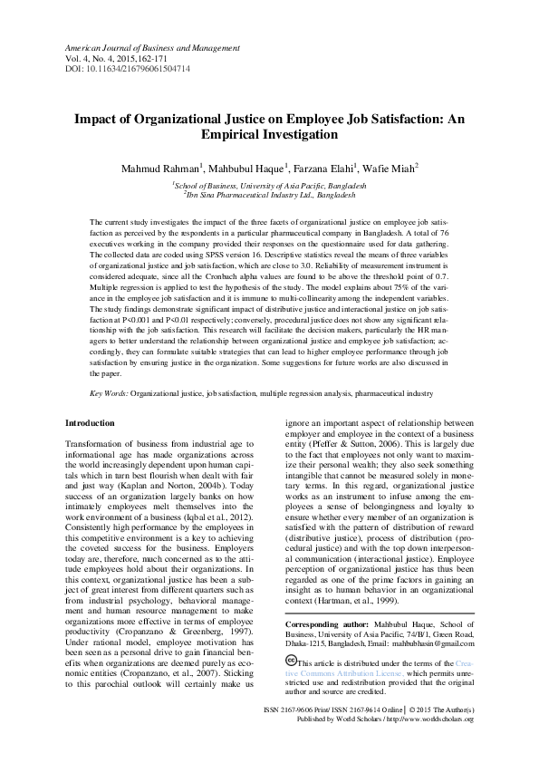 (PDF) Impact of Organizational Justice on Employee Job Satisfaction: An ...