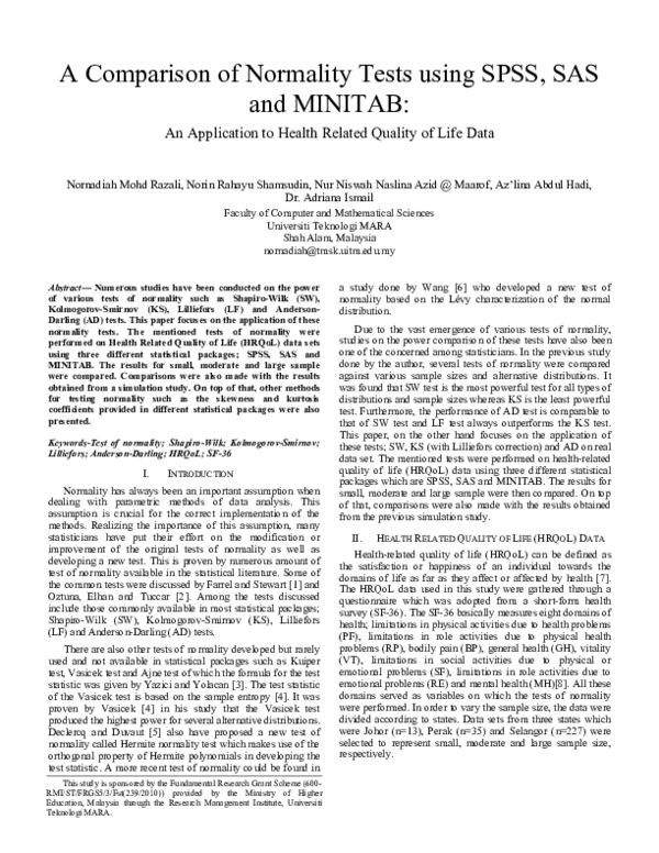 (PDF) A comparison of normality tests using SPSS, SAS and MINITAB: An ...