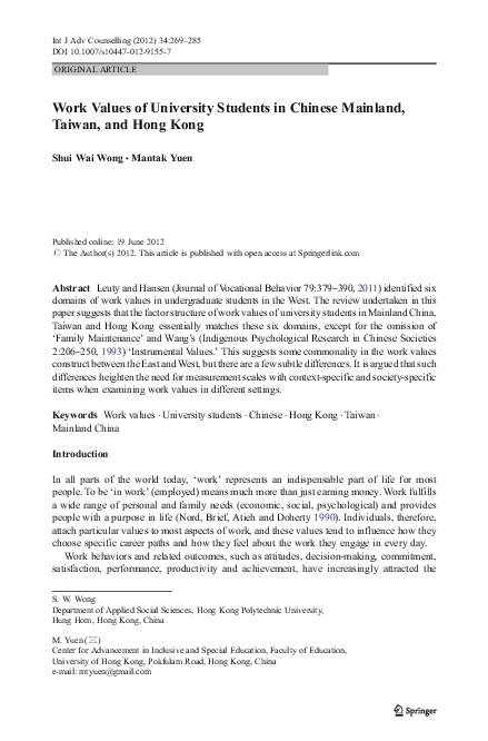 (PDF) Work Values of University Students in Chinese Mainland, Taiwan ...