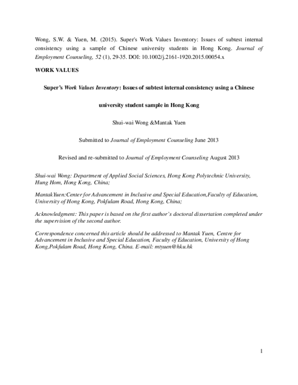 (PDF) Super's Work Values Inventory: Issues of Subtest Internal ...