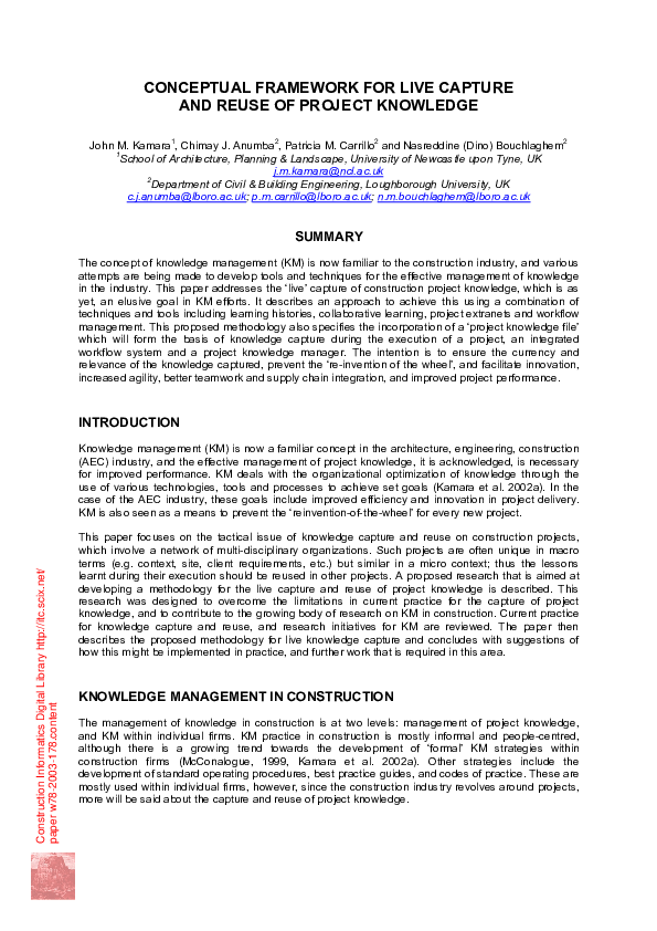 (PDF) Conceptual Framework for Live Capture and Reuse of Project Knowledge