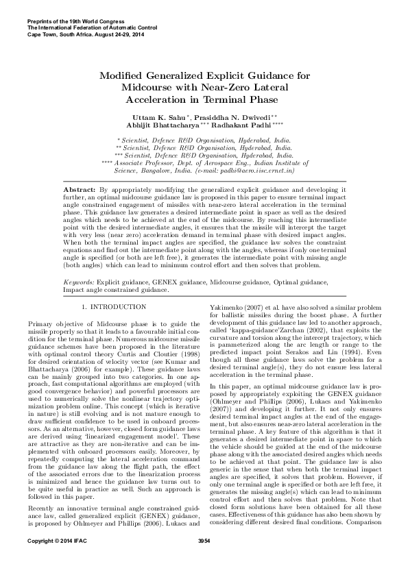 (PDF) Modified Generalized Explicit Guidance for Midcourse with Near-Zero Lateral Acceleration ...