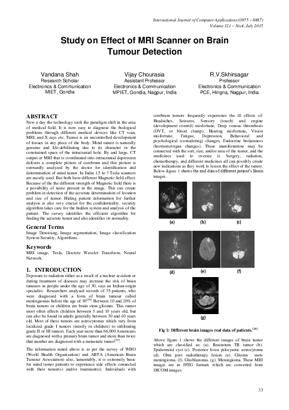 (PDF) Study on Effect of MRI Scanner on Brain Tumour Detection