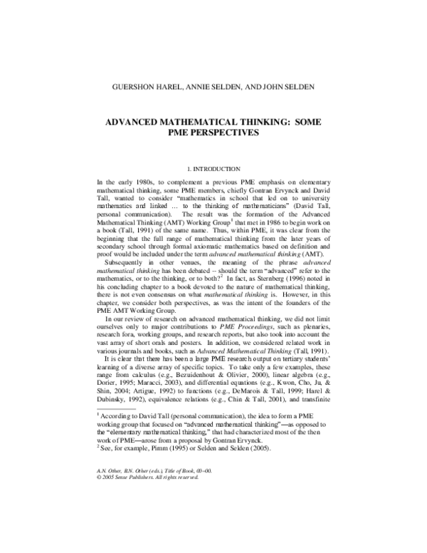 (PDF) Advanced Mathematical Thinking: Some PME Perspectives