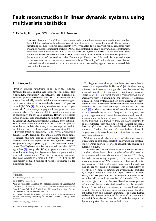 (PDF) Fault reconstruction in linear dynamic systems using multivariate statistics | Uwe Kruger ...