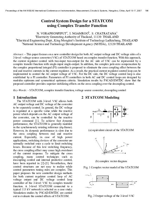 Pdf Control System Design For A Statcom Using Complex Transfer Function