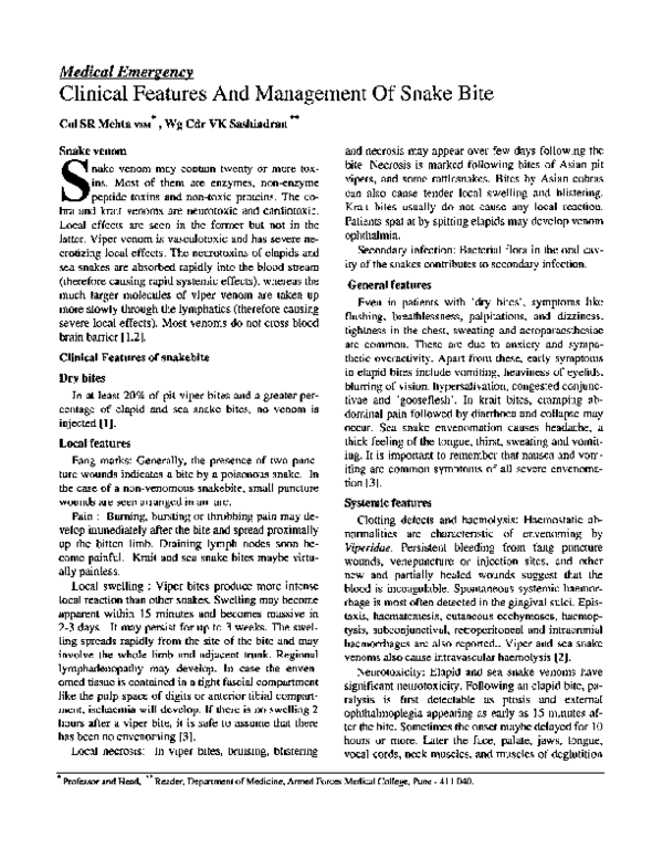 (PDF) Clinical features and management of snake bite