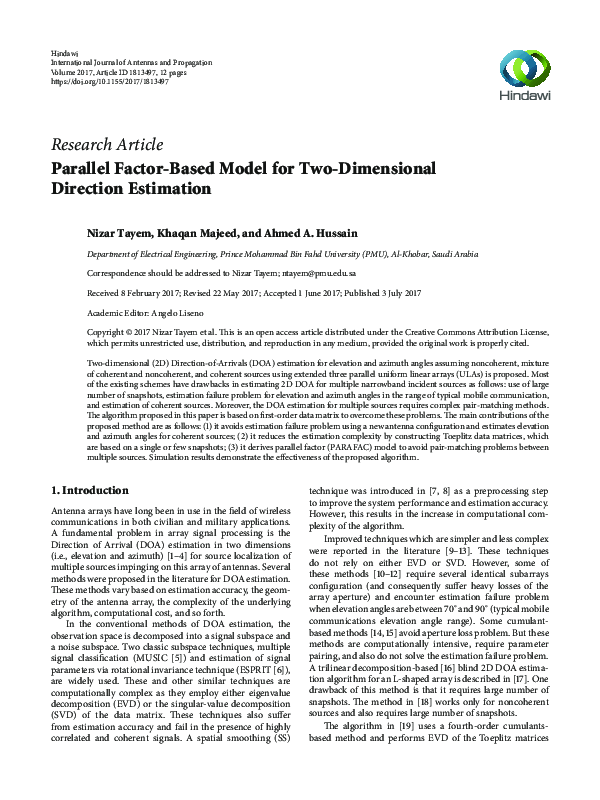 (PDF) Parallel Factor-Based Model for Two-Dimensional Direction Estimation