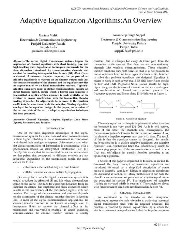 Pdf Adaptive Equalization Algorithms An Overview