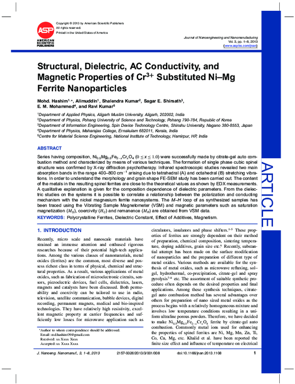 (PDF) Structural, Dielectric, AC Conductivity, and Magnetic Properties of Cr 3 + Substituted Ni ...
