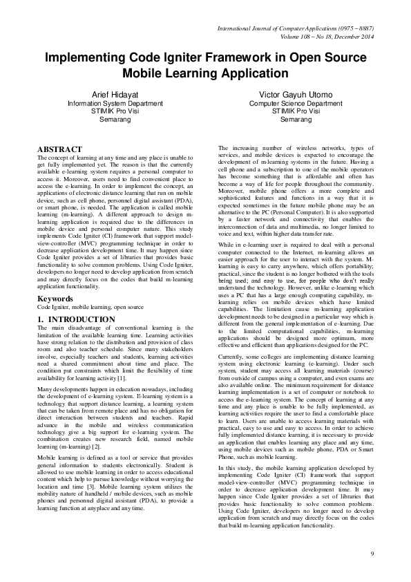 Pdf Implementing Code Igniter Framework In Open Source Mobile Learning Application