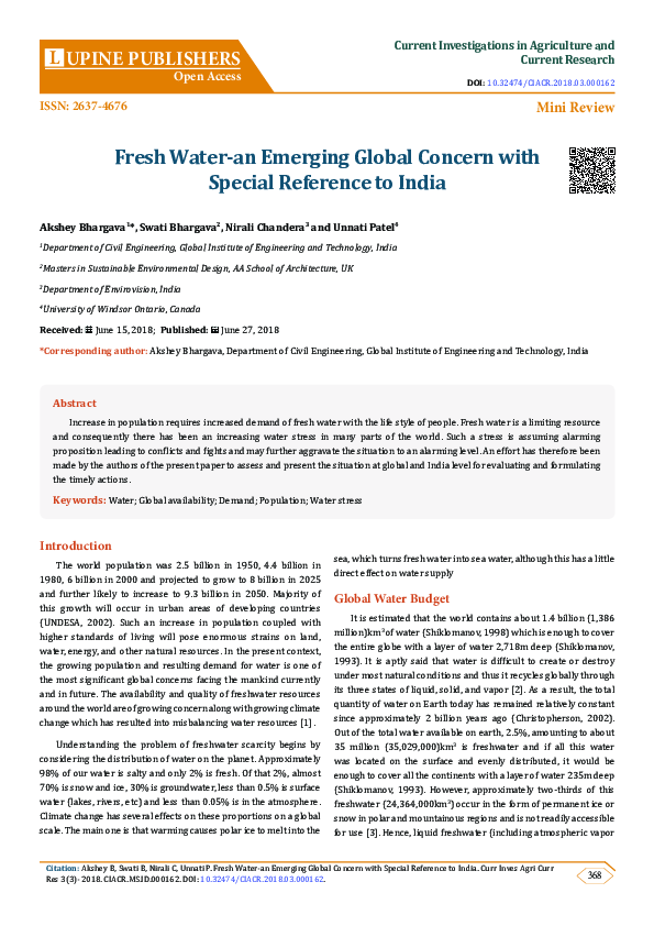 (PDF) Fresh Water-an Emerging Global Concern with Special Reference to ...