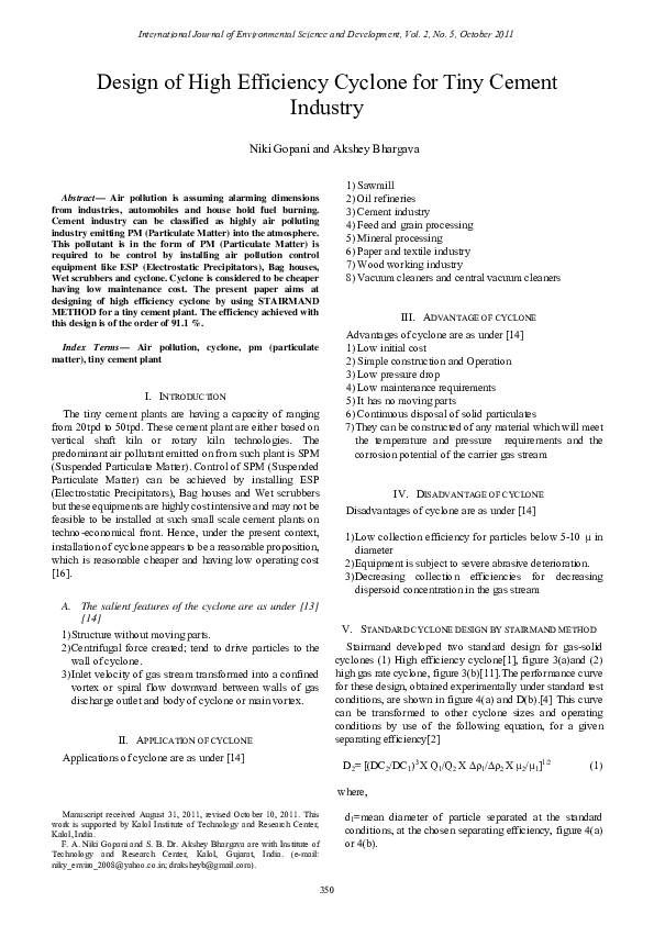 (PDF) Design of High Efficiency Cyclone for Tiny Cement Industry