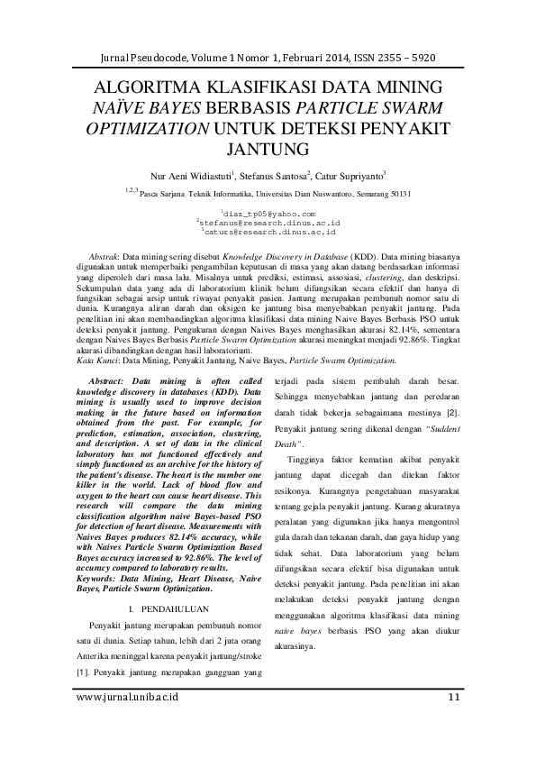 Pdf Algoritma Klasifikasi Data Mining Naive Bayes Berbasis Particle Swarm Optimization Untuk