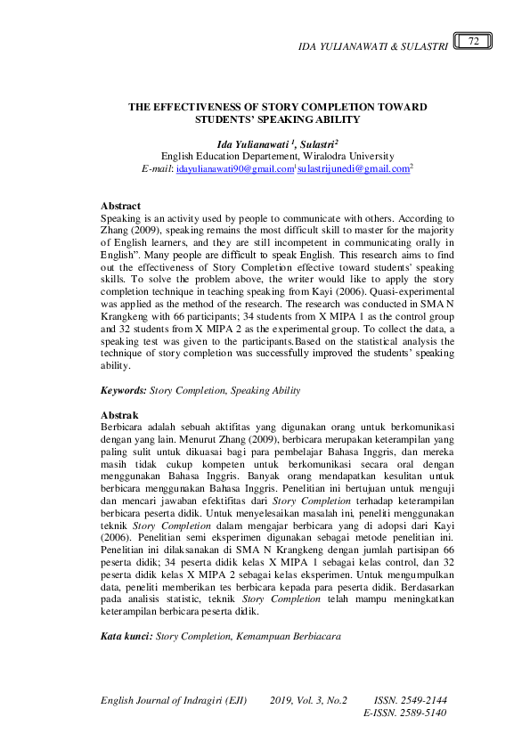 (PDF) The Effectiveness of Story Completion Toward Students’ Speaking ...